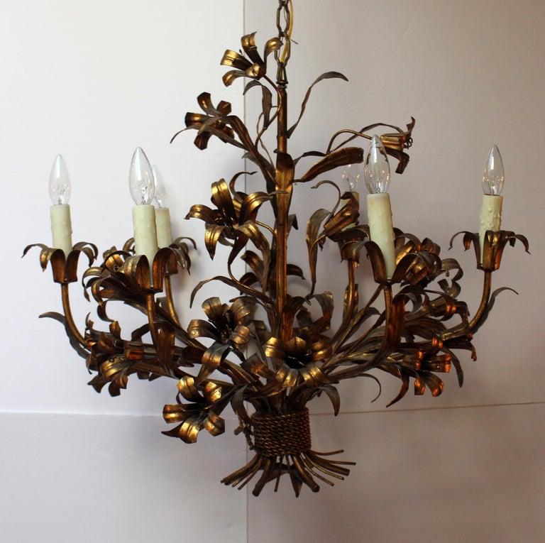 Circa 1960 Italian Gilt Metal Chandelier With 6 Lights, Chain and ...