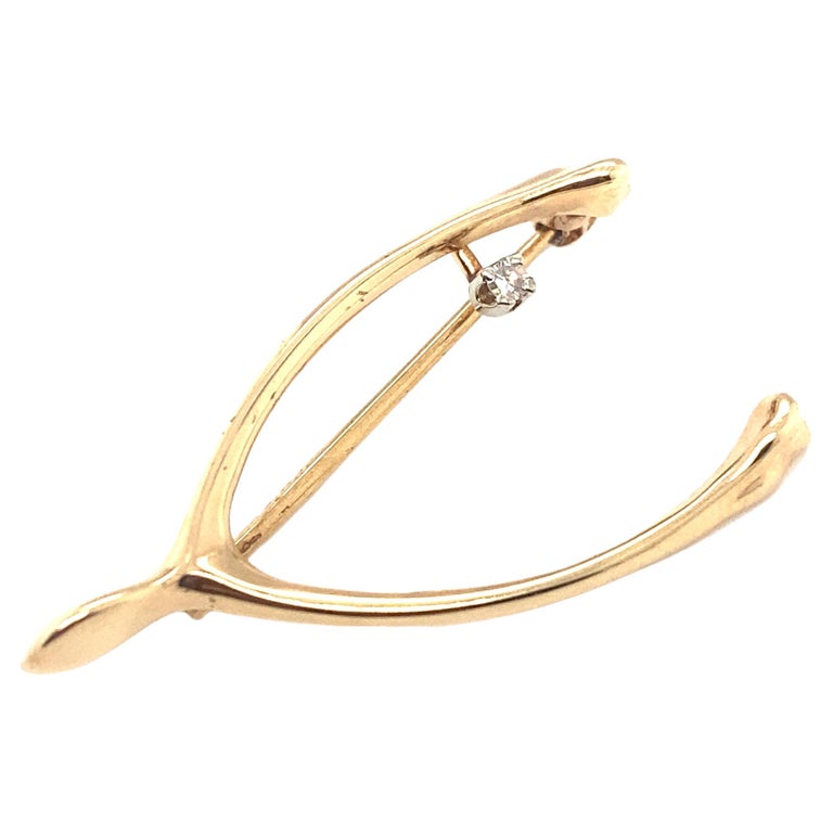 Circa 1960s Diamond Wishbone Lucky Charm Brooch in 14 Karat Gold For ...