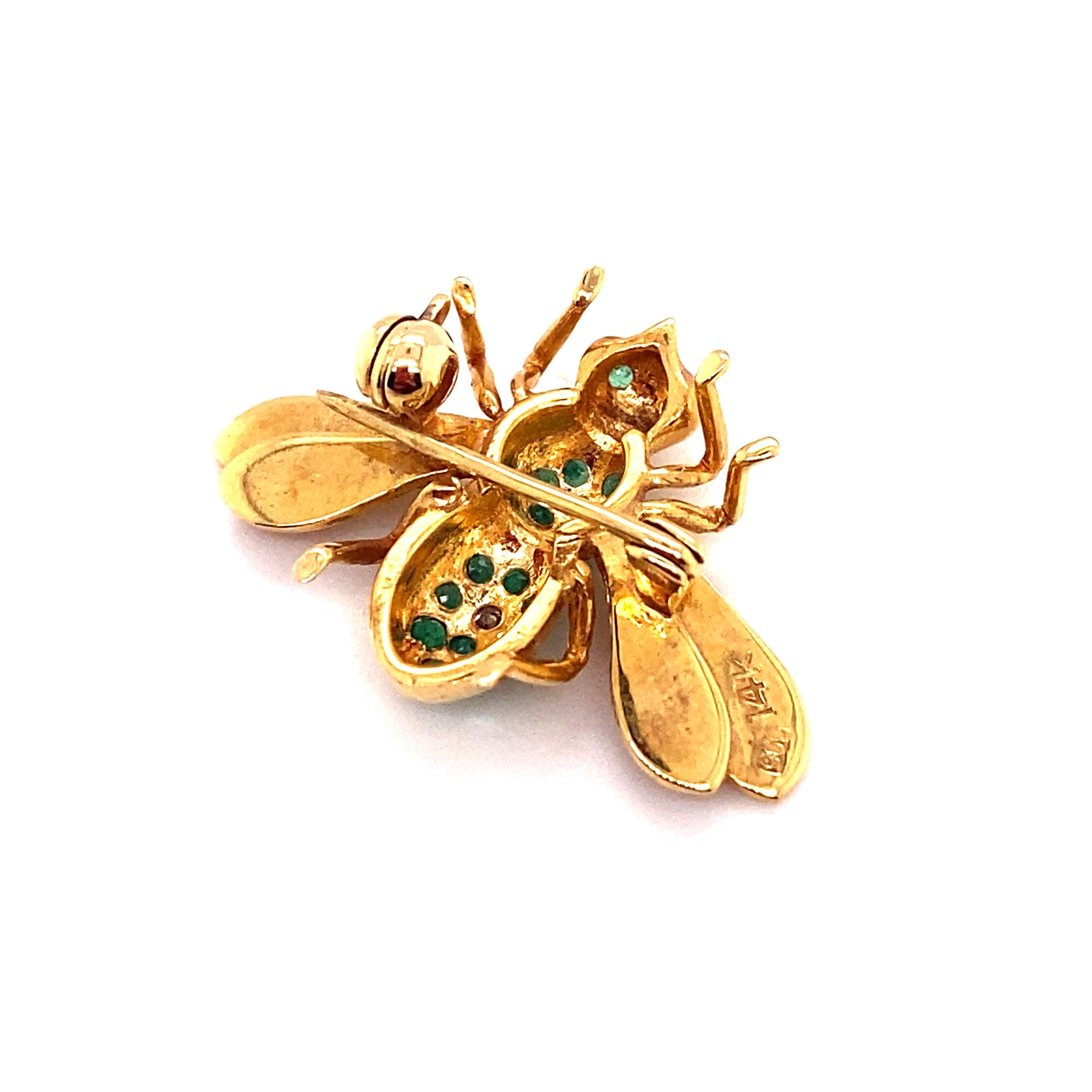 Circa 1960s Emerald and Diamond Insect Pin in 14 Karat Yellow Gold For ...