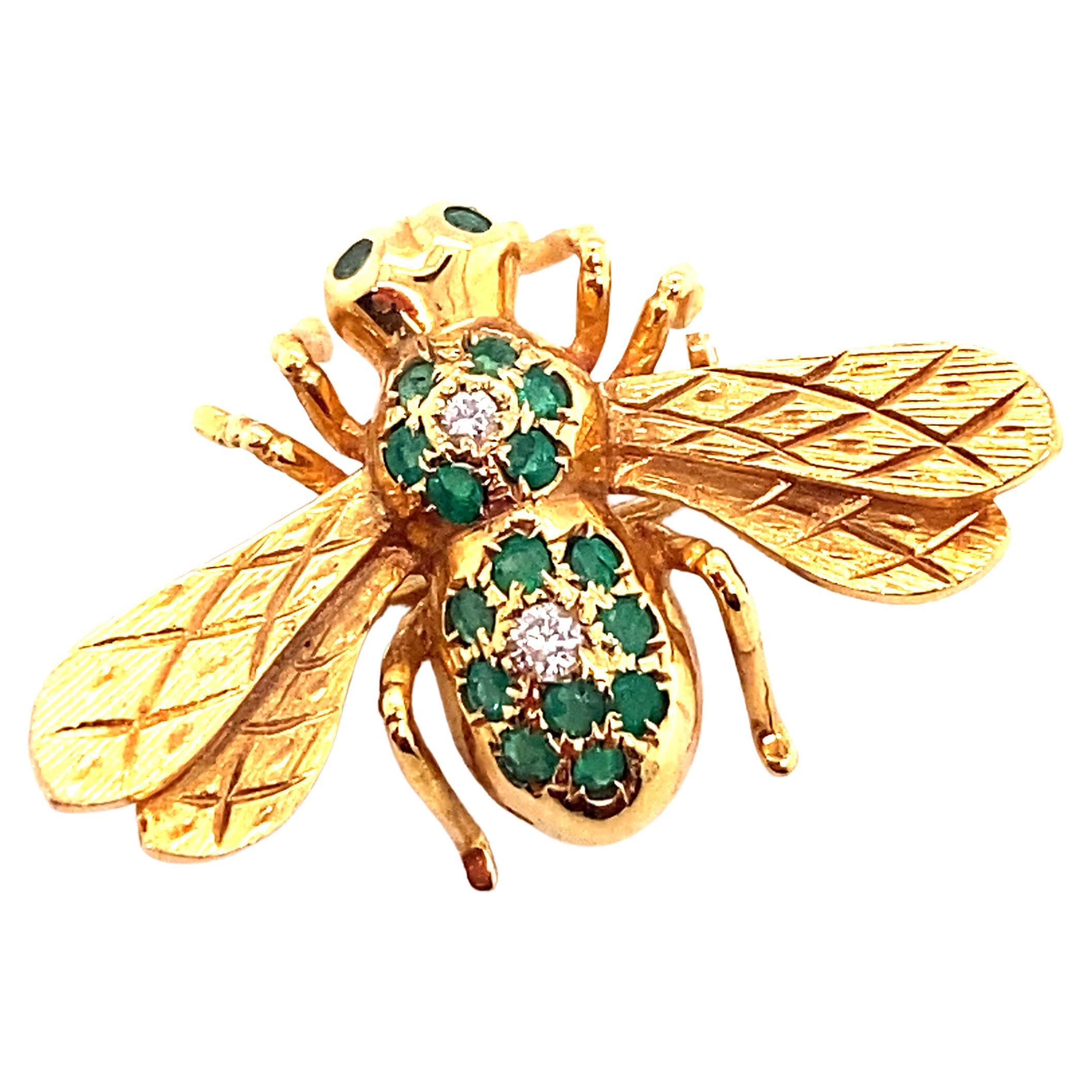 Circa 1960s Emerald and Diamond Insect Pin in 14 Karat Yellow Gold For ...