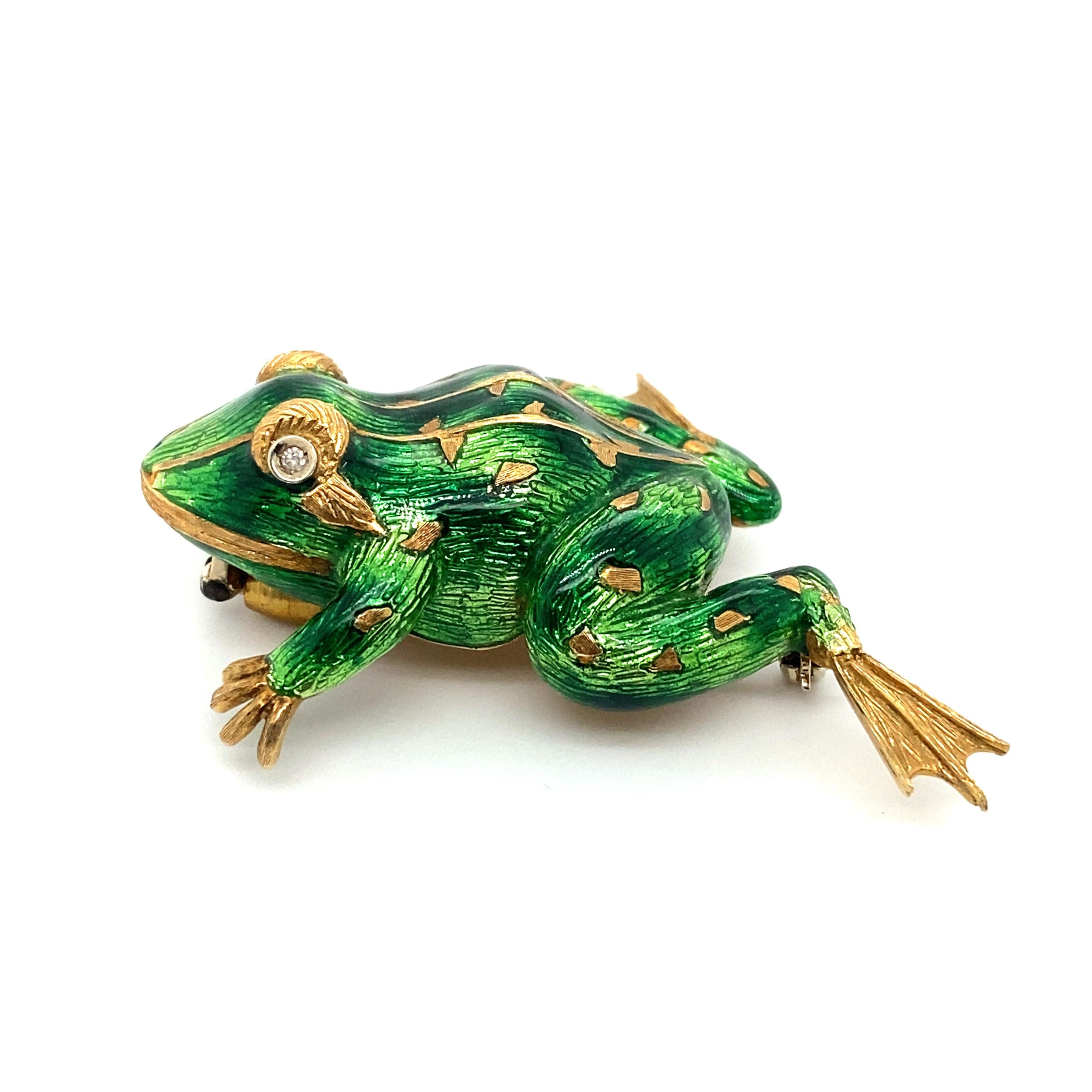 Italian Enamel and Diamond Frog Brooch in 18 Karat Yellow Gold, circa ...