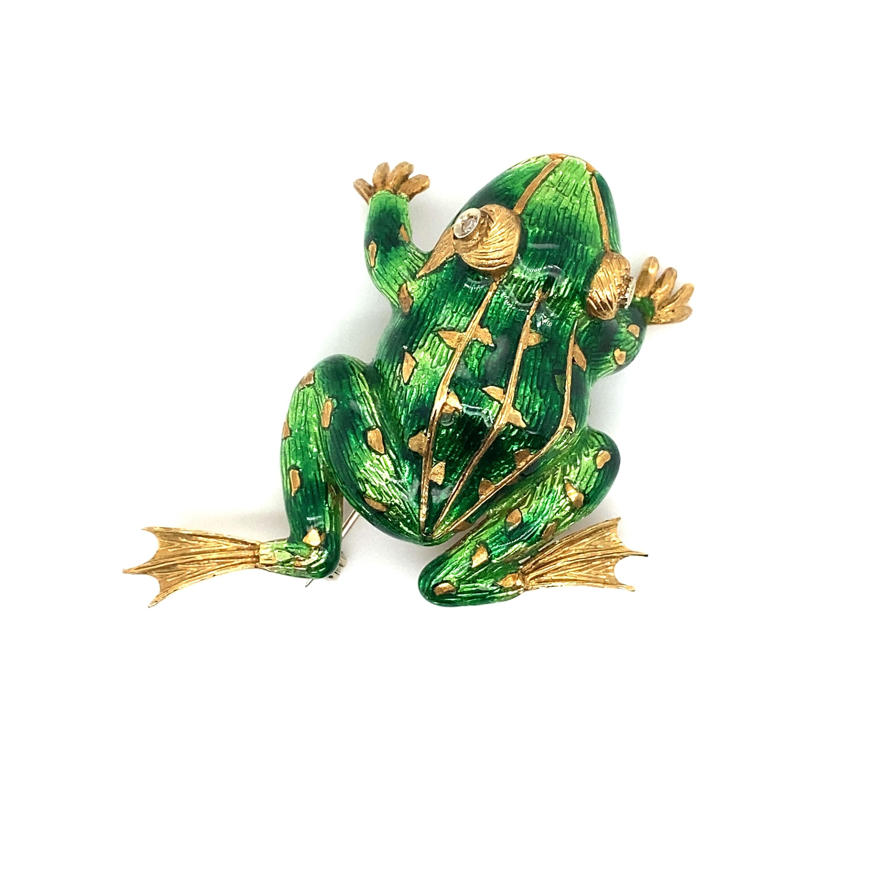 Italian Enamel and Diamond Frog Brooch in 18 Karat Yellow Gold, circa ...
