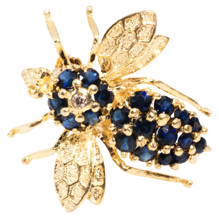 Circa 1970s, 14 Carat Yellow Gold Diamond and Sapphire Vintage Bee ...
