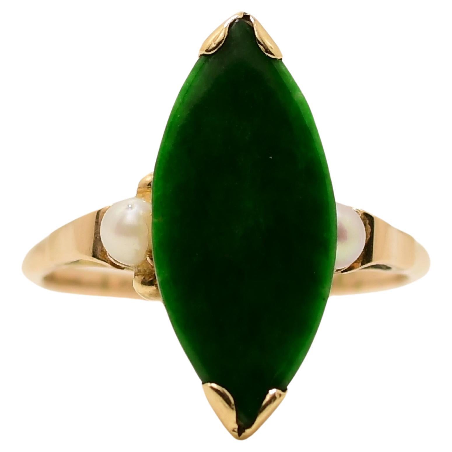 Circa 1970's 14K Yellow Gold Green Jade Navette and Pearl Accent Ring ...