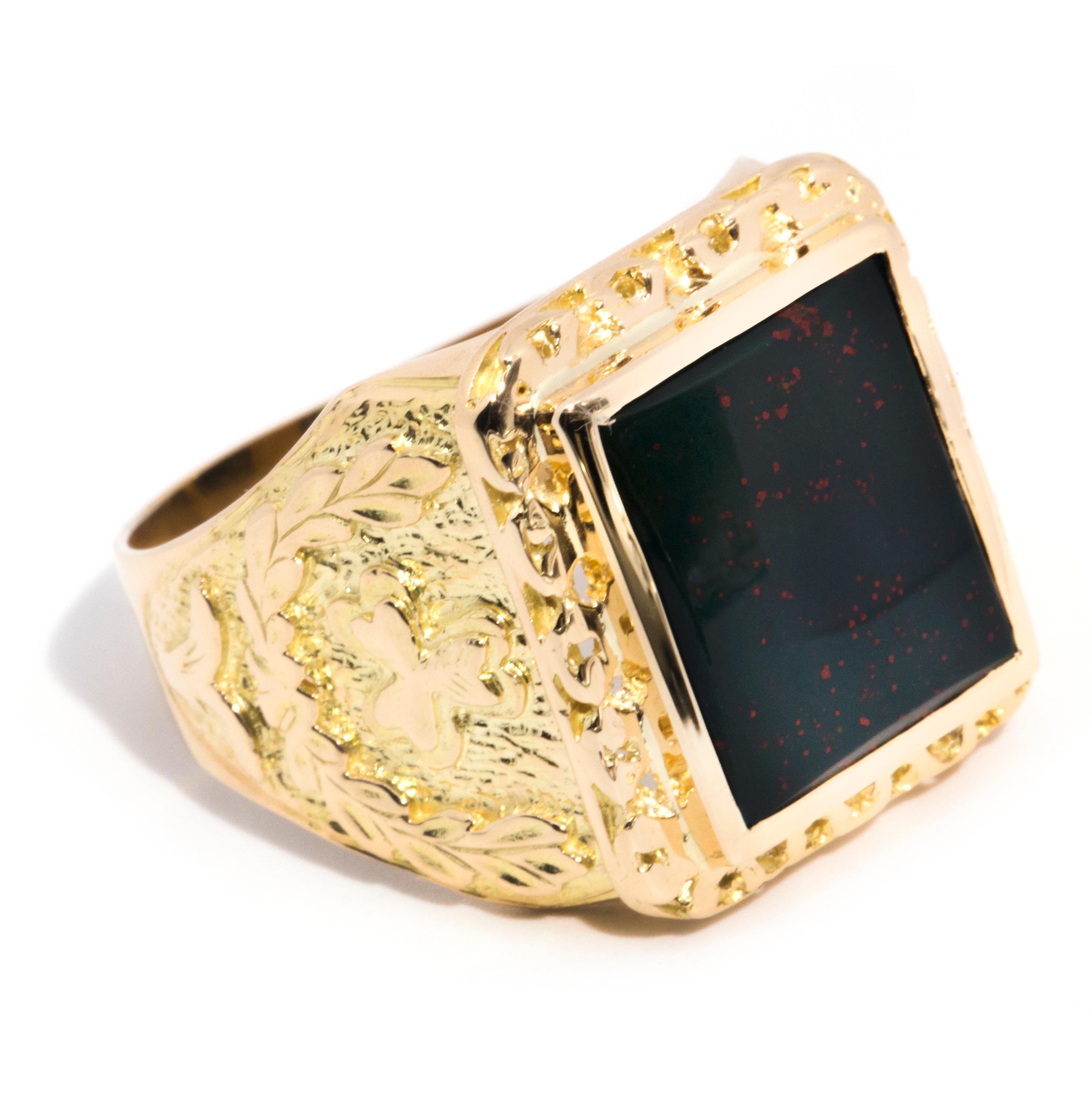 Circa 1970s 18 Carat Yellow Gold Vintage Mens Rectangular Bloodstone ...