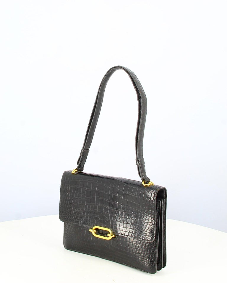 Circa 1974 Hermes Black Crocodile Fonsbelle Handbag For Sale at 1stDibs