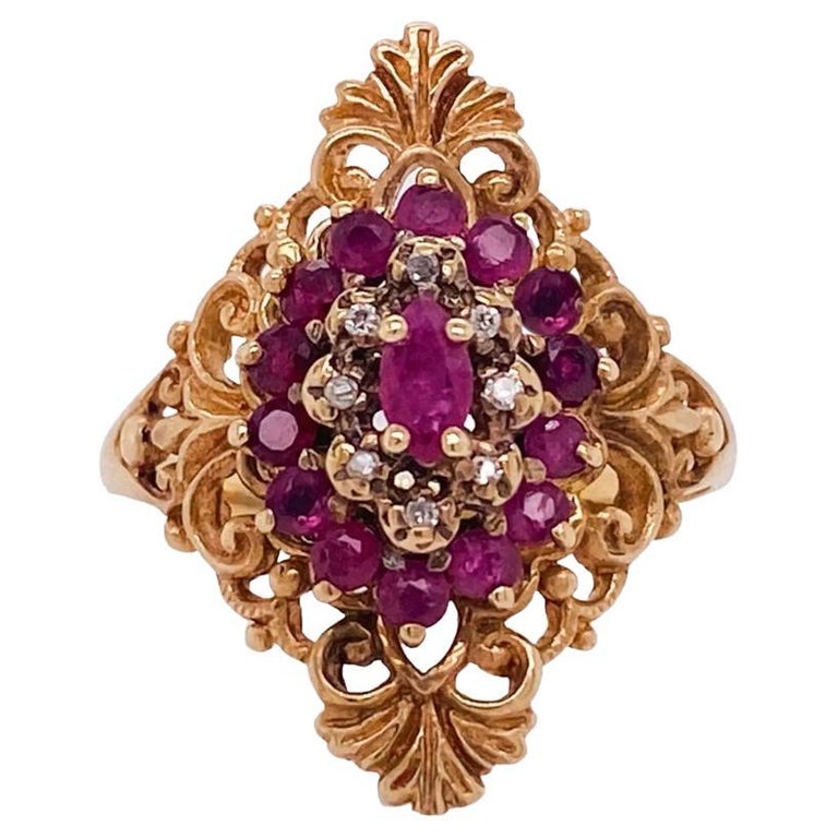 Bague marquise tourbillonnantes en or jaune 14 carats avec rubis et ...