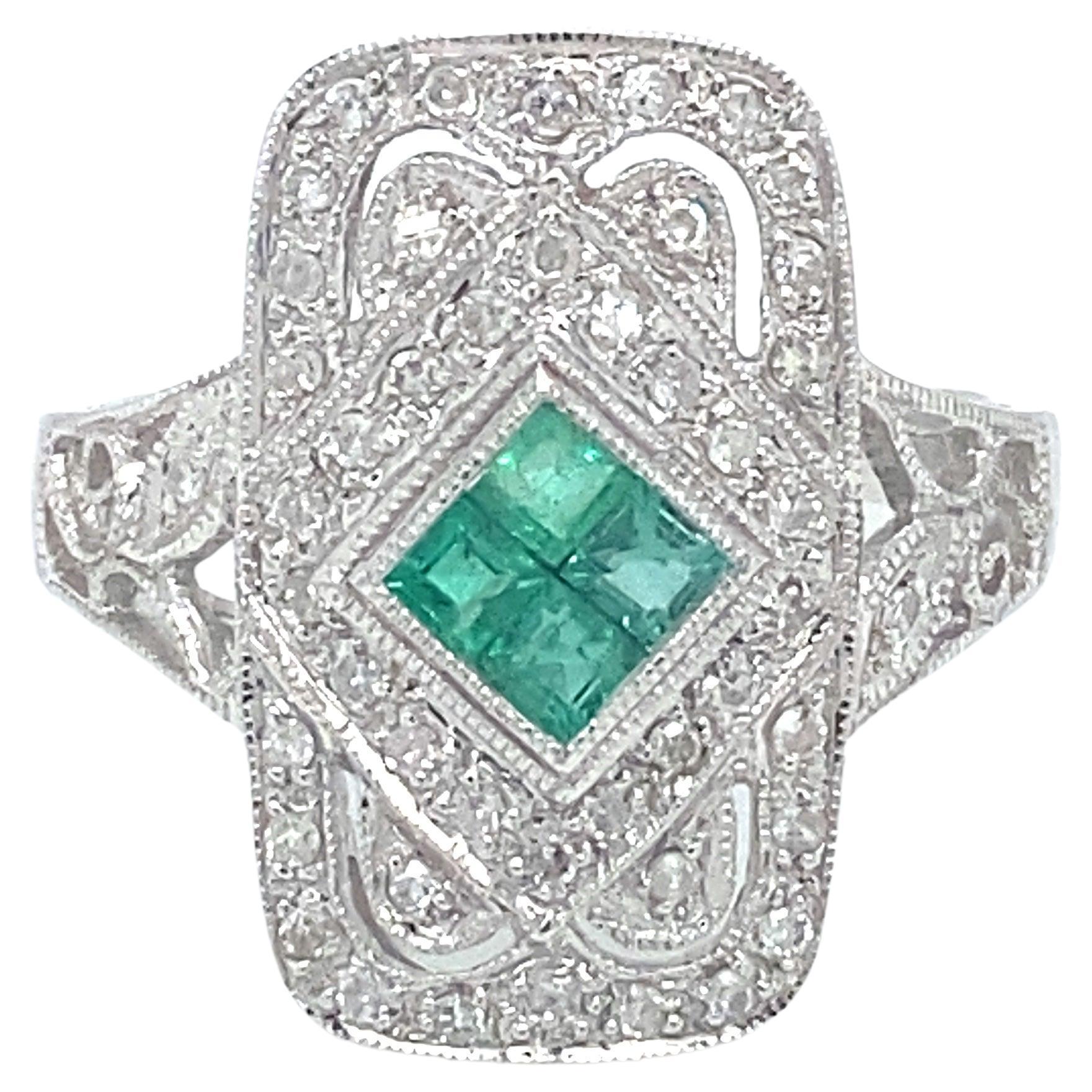 Circa 1980s Art Deco Style Emerald and Diamond Ring in 14K White Gold ...