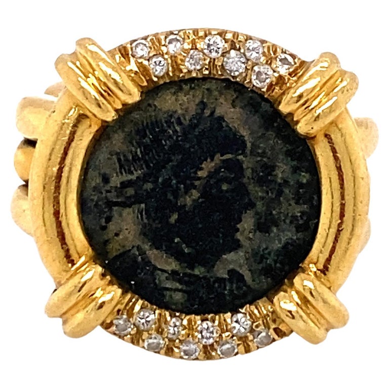 Circa 1990s Chain Link Roman Coin Ring with Diamonds in 18 Karat Gold ...