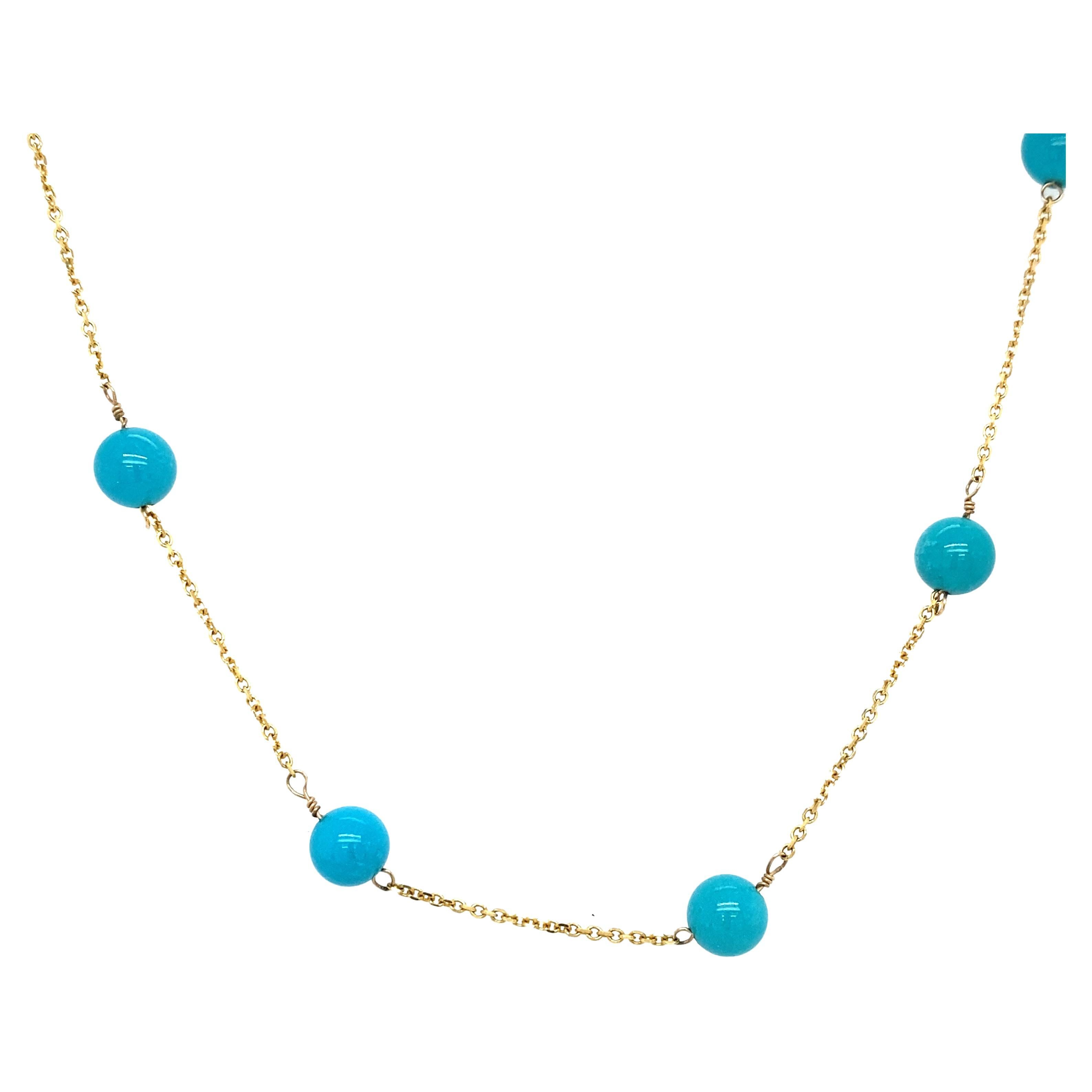 Circa 2000s Turquoise Bead Station Chain in 14 Karat Yellow Gold For ...