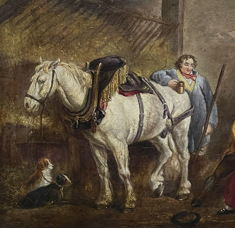 Large Early 1800's English Oil Painting Figures Carousing in Stable ...