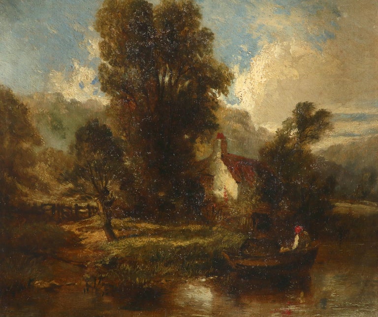 Antique Original English Oil Painting River Landscape with Cottage ...