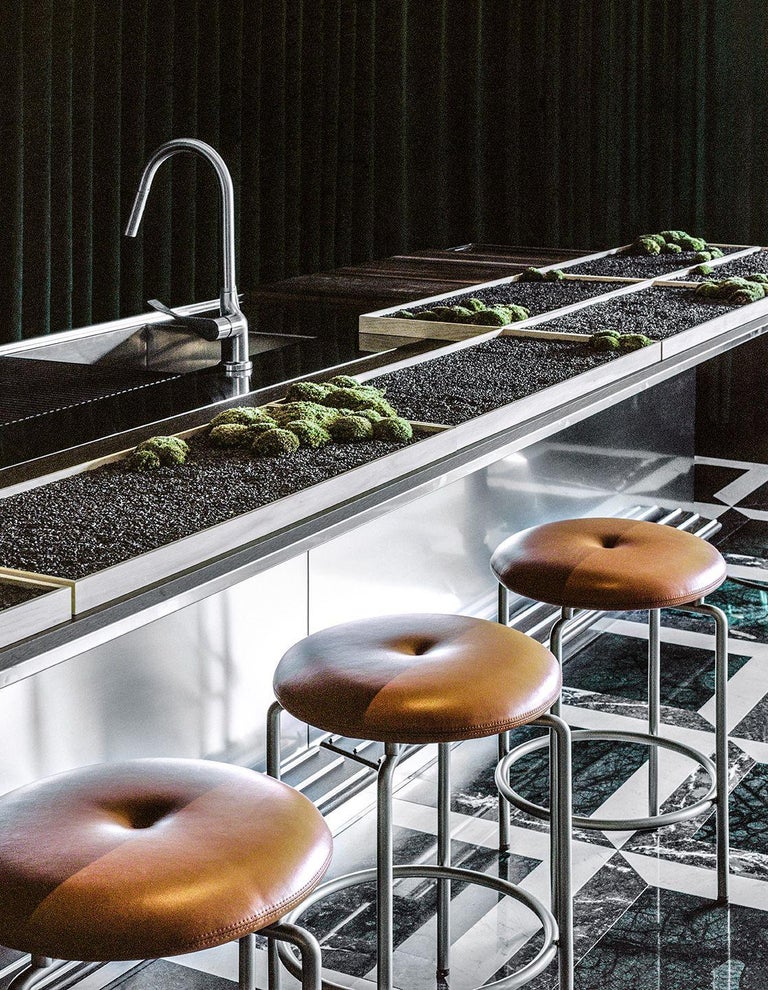 Customizable Circular Bar Stool in Satin Brass and Leather Designed by ...