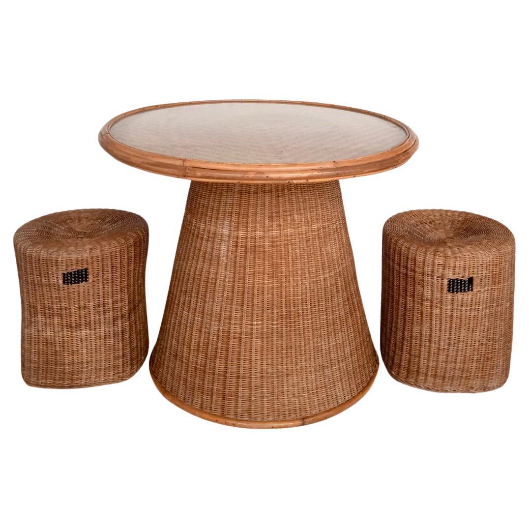 Circular Rattan Table Model Mushroom and Its 2 Stools, 70s at 1stDibs