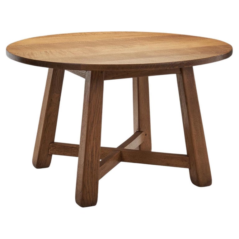 Circular Solid Oak Dining Table with Cross Stretchers, Europe ca 1950s ...