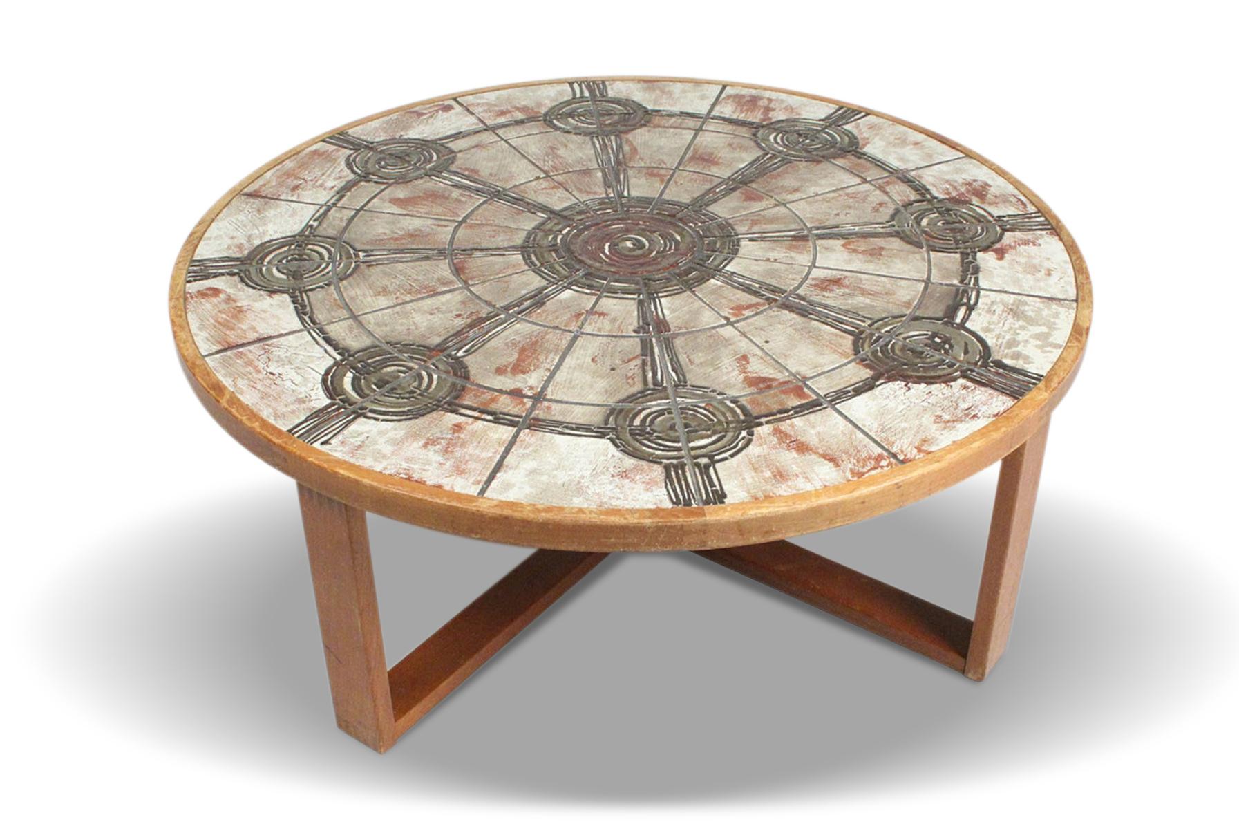 Circular Teak + Tile Coffee Table by Ox Art For Sale at 1stDibs