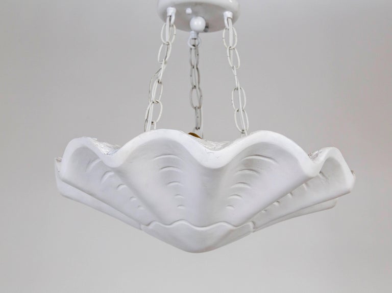 Ribbed (17") Circular Undulating White Plaster Shell Pendant Light For ...