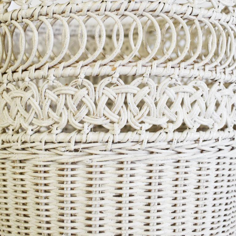 Circular White Wicker Basket with Woven Floral Knot Pattern For Sale at ...