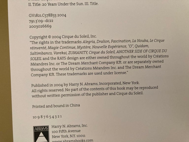 Cirque Du Soleil, 20 Years Under the Sun Hardcover Book For Sale at 1stDibs