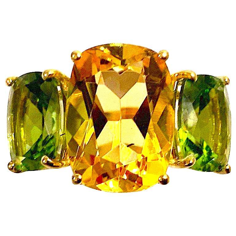 Citrine and Peridot Yellow Gold Three-Stone Cushion Ring For Sale at ...