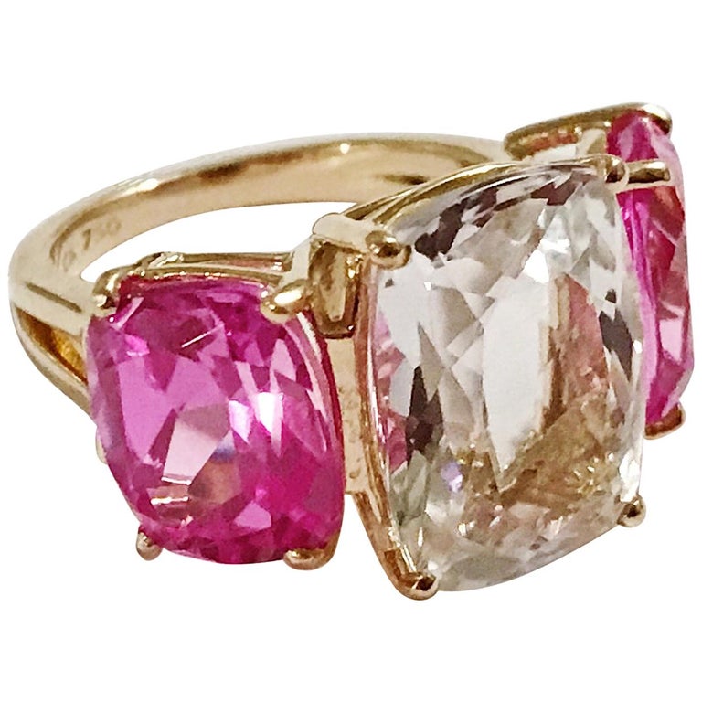 Citrine and Pink Topaz Yellow Gold Three-Stone Cushion Ring For Sale at ...