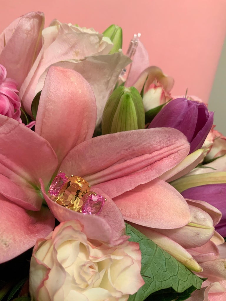 Citrine and Pink Topaz Yellow Gold Three-Stone Cushion Ring For Sale at ...