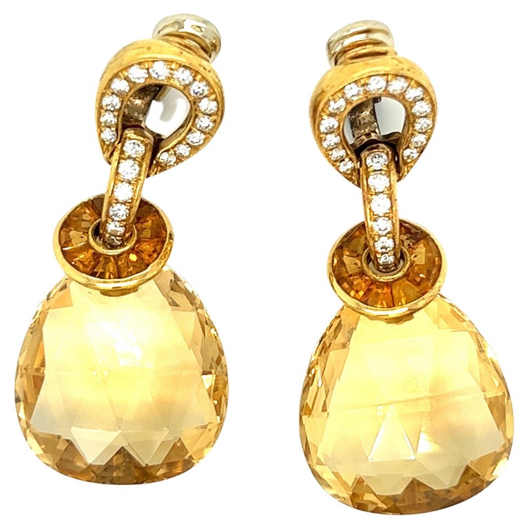 Citrine Diamond Dangling Ear Clips For Sale at 1stDibs