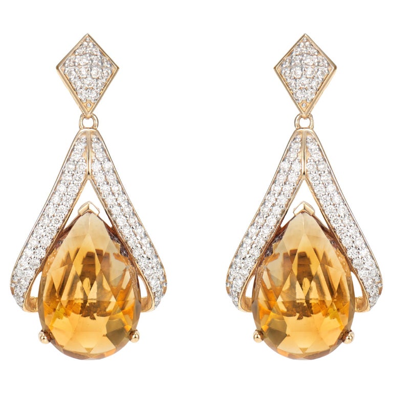 Citrine Drop Earring in 18 Karat Yellow Gold with White Diamond. For Sale at 1stDibs
