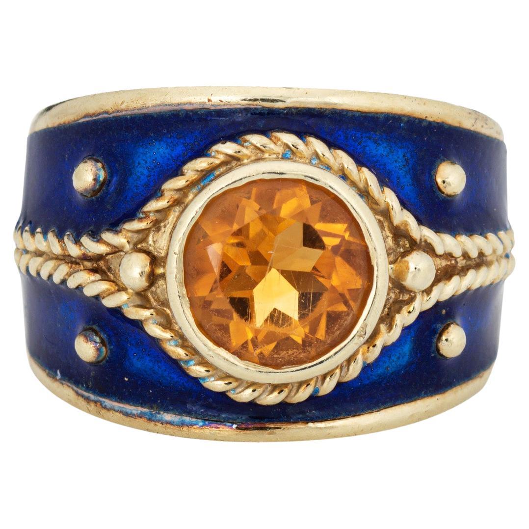 Citrine Wide Band Cigar Ring Blue Enamel 14k Gold Vintage Estate ...