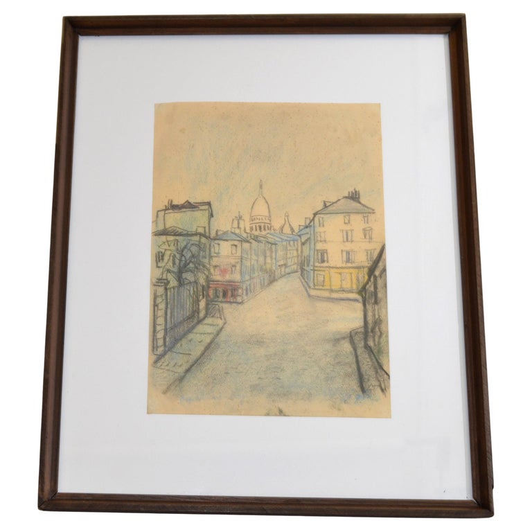 Cityscape Painting Pencil on Board Framed France Mid-Century Modern 70s ...