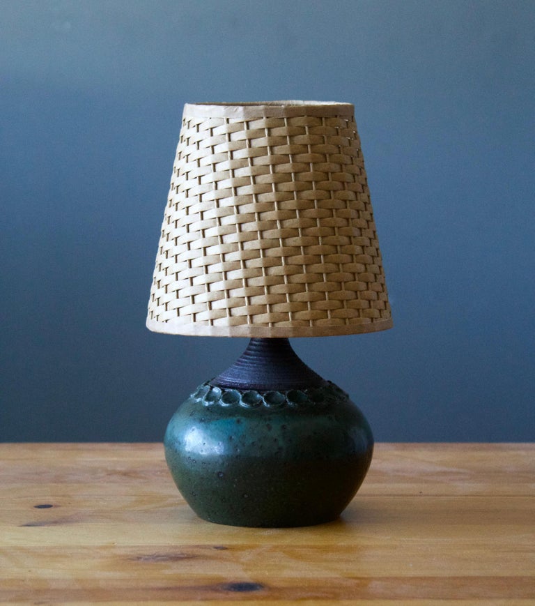 Claes Thell, Small Table Lamp, Glazed Stoneware, Rattan, Höganäs ...