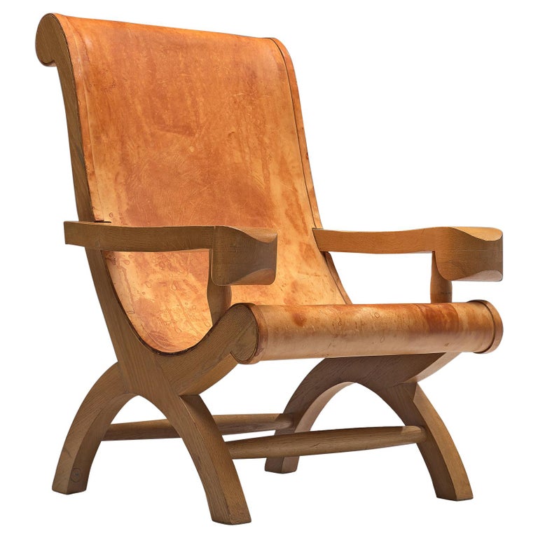 Clara Porset Butaque Lounge Chair in Cognac Leather For Sale at 1stDibs
