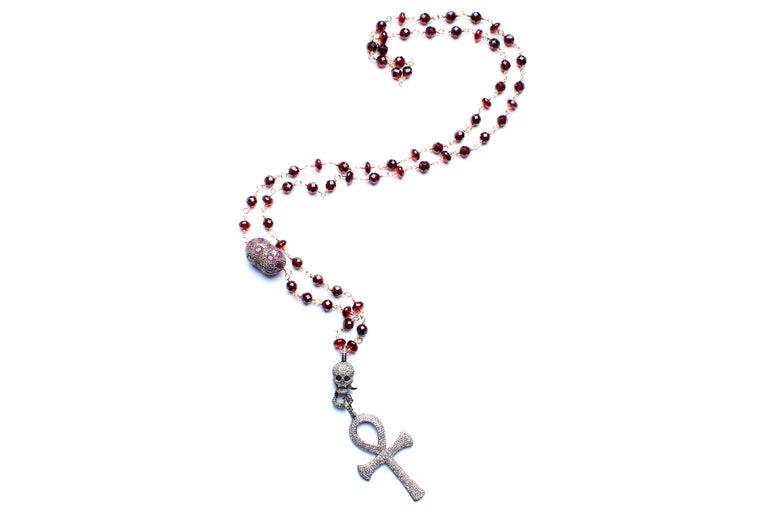Clarissa Bronfman 14 Karat Gold Garnet Diamond Ruby Skull Ankh Rosary ...