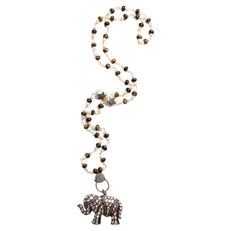 Clarissa Bronfman Pearl Tigers Eye Diamond Rosary Diamond Ruby Elephant ...