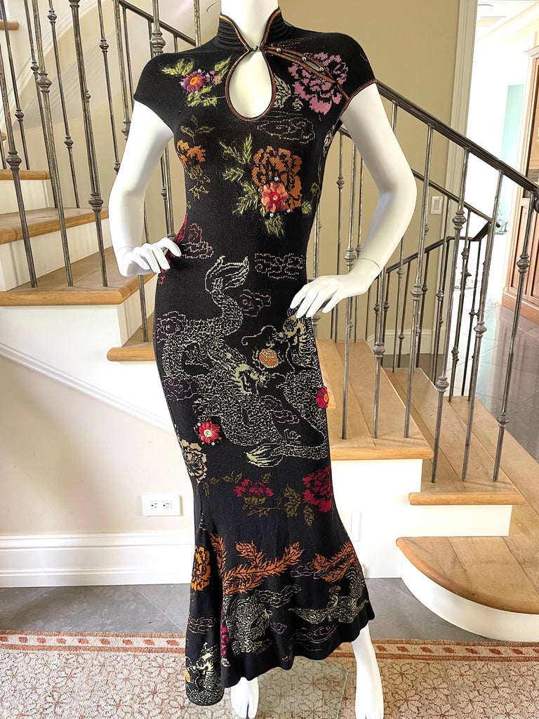 Class Cavalli Vintage Embroidered Knit Dragon Print Cheongsam Dress For ...