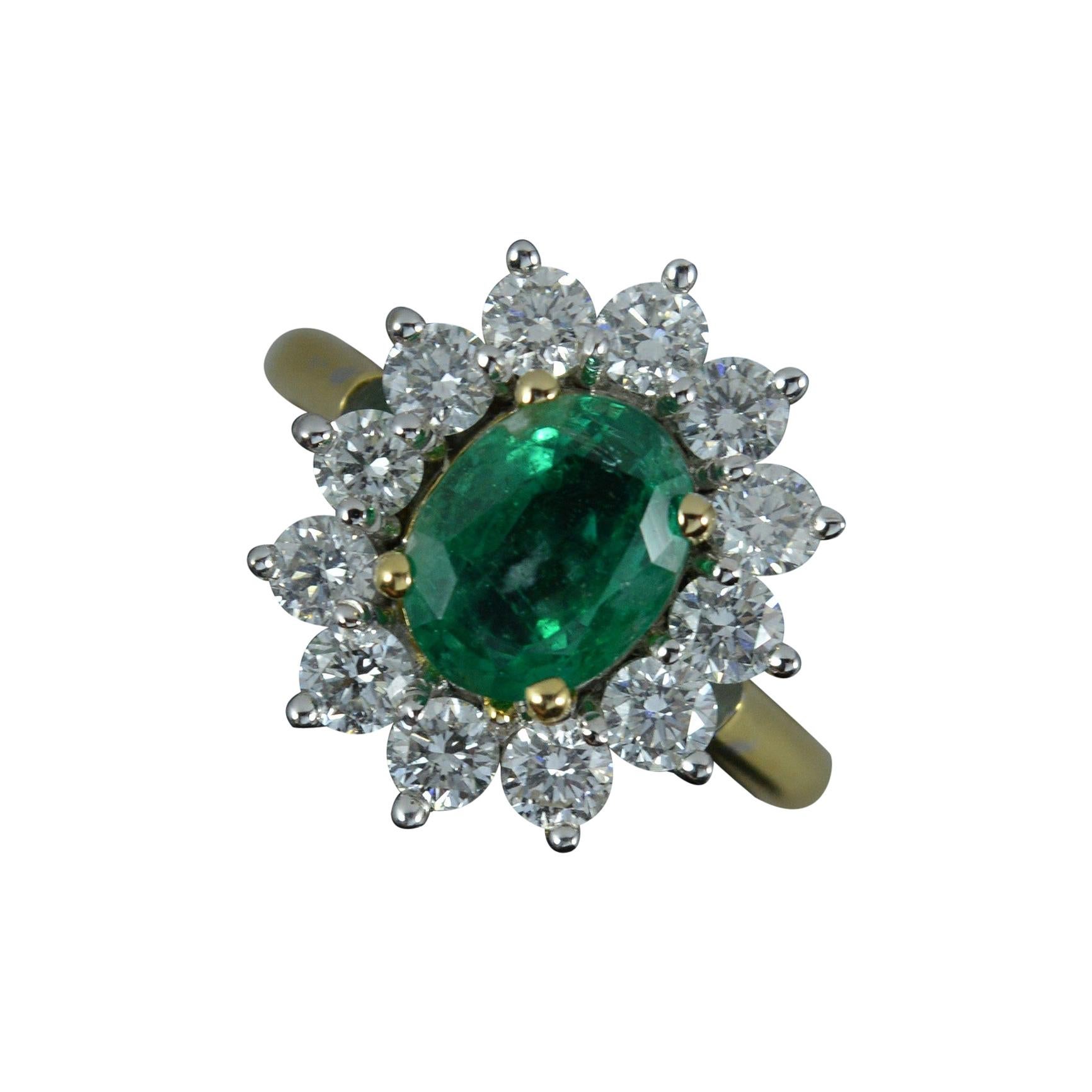 Classic 18 Carat Gold Emerald and Vs 1.2ct Diamond Cluster Ring For ...
