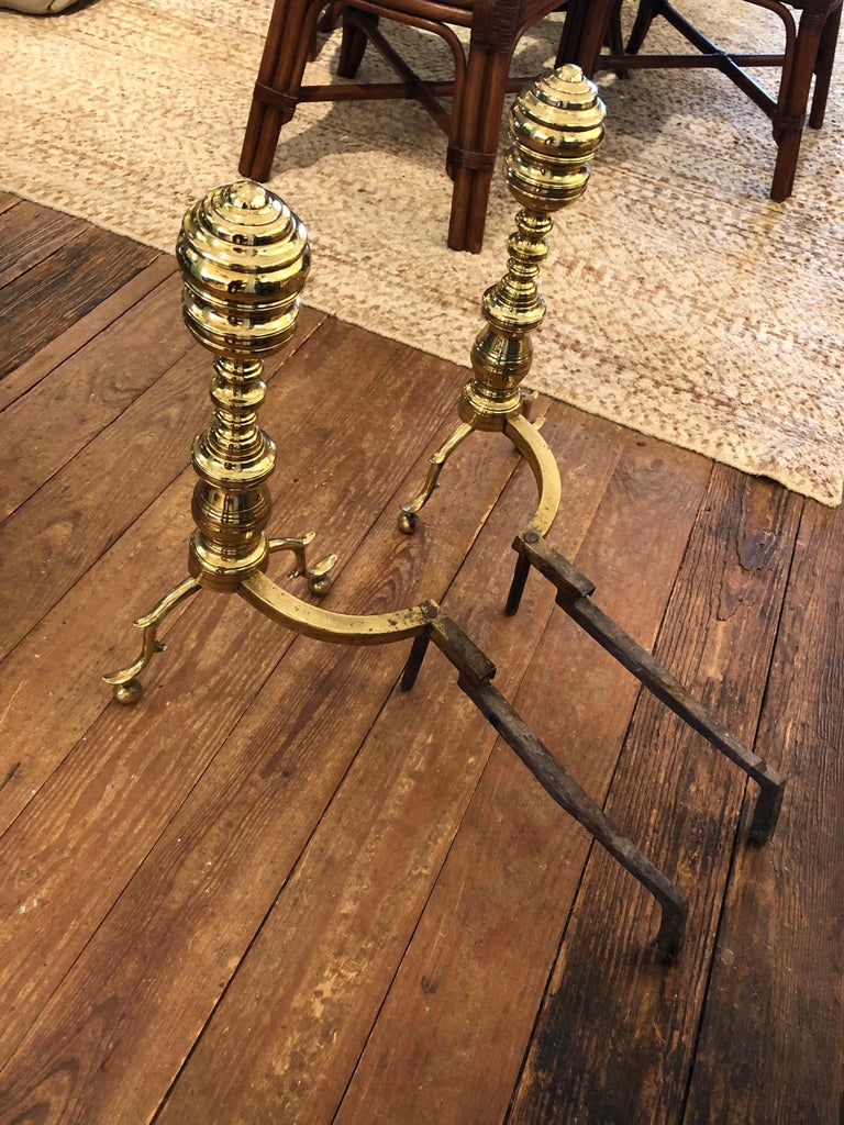 Classic Antique Beehive Chippendale Polished Brass Large Andirons For ...