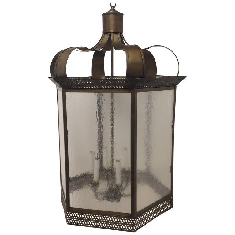 Classic Brass and Textured Glass 6 Sided Lantern For Sale at 1stDibs