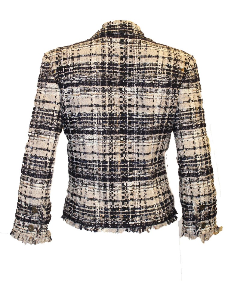 Classic Chanel Tweed Check Jacket with Fringe Hem and Cuffs at 1stDibs