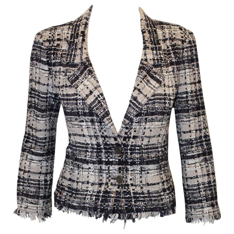 Classic Chanel Tweed Check Jacket with Fringe Hem and Cuffs at 1stDibs