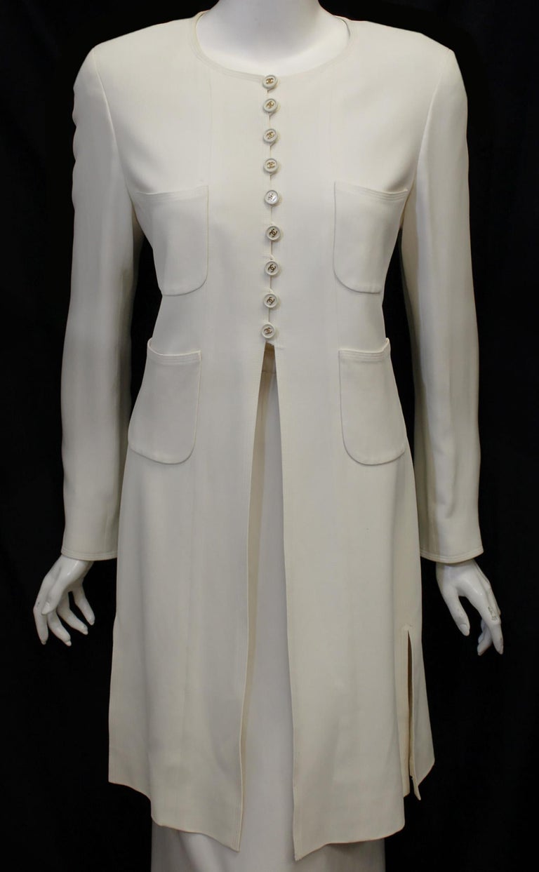 Classic Chanel Winter White Wool Blend Long Jacket at 1stDibs