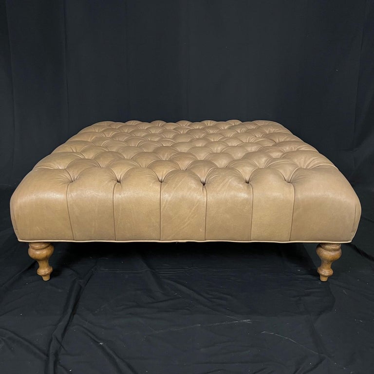 Classic Chesterfield Style Large Tufted Buttery Leather Beige Ottoman ...