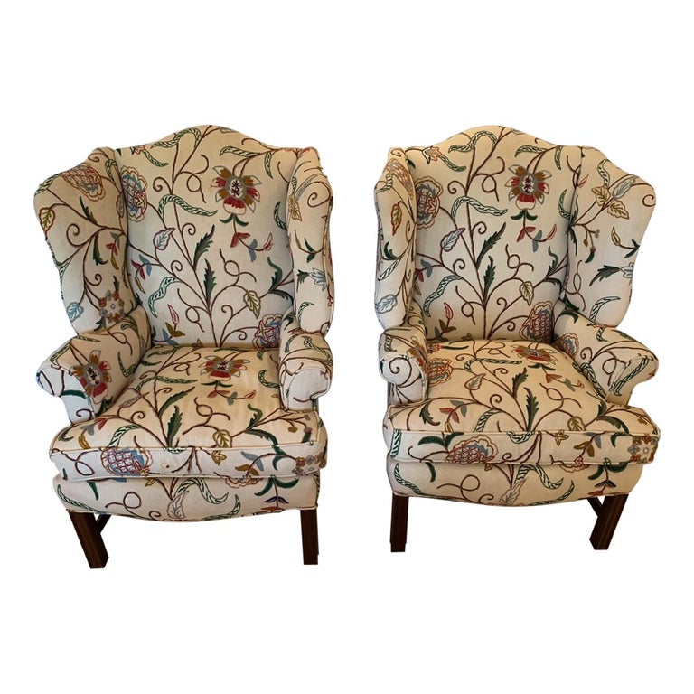 Classic Crewel Upholstered Wingback Chairs at 1stDibs