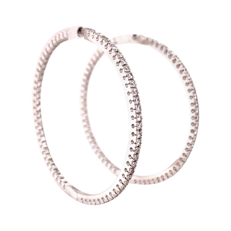 Classic Diamond Hoop Earrings in 18 Karat White Gold For Sale at 1stDibs