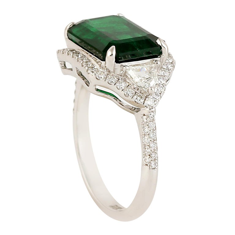 Classic Emerald Cut Emerald and Fancy Cut Diamond Set in 18K White Gold ...