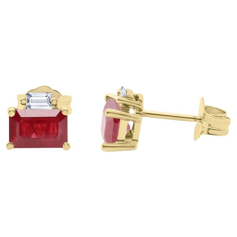Classic Emerald-Cut Ruby Diamond Accents 14k Yellow Gold Studs Earring For Sale at 1stDibs