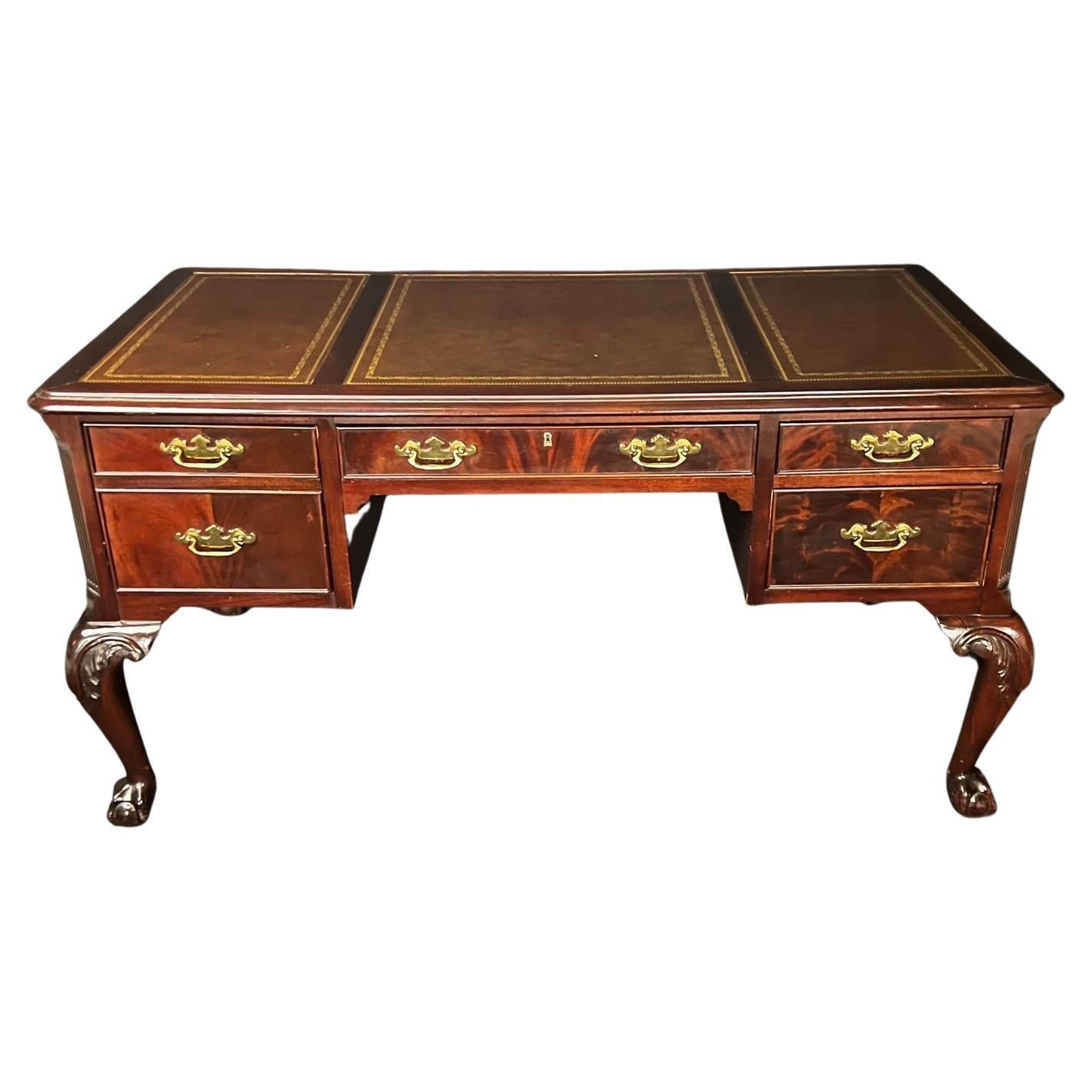 Classic English Chippendale Style Writing Desk with Tooled Leather Top ...