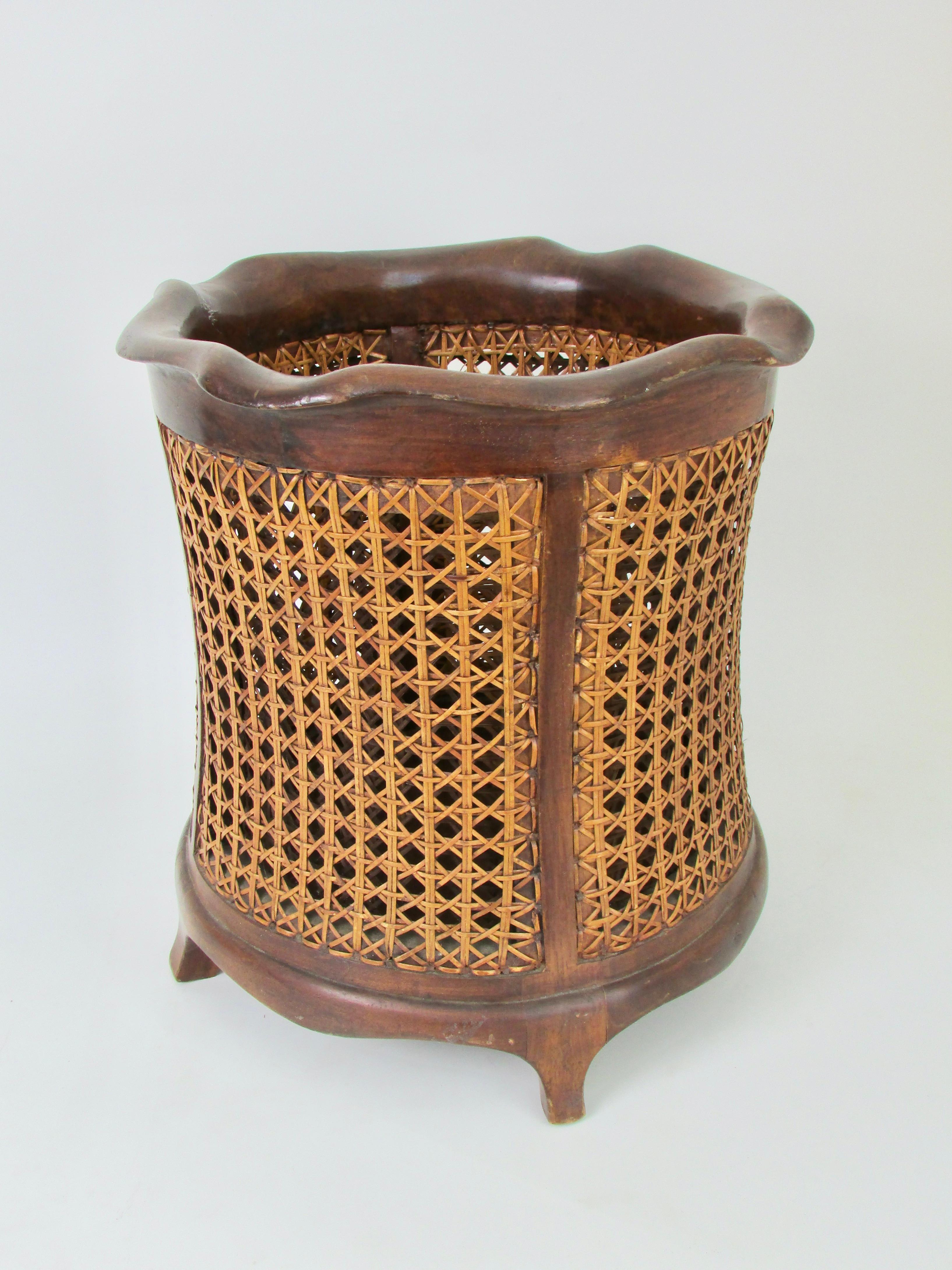 Classic Italian solid walnut waste basket with hand caned side panels ...
