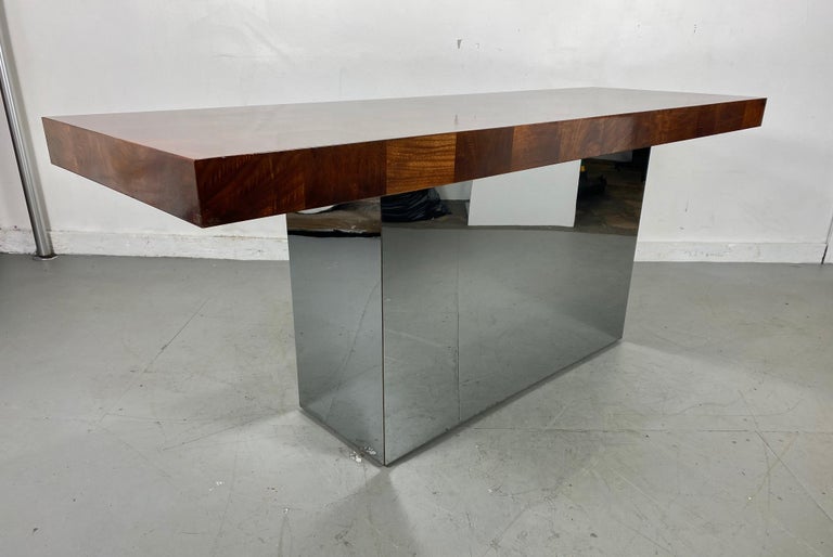 Classic Milo Baughman Patchwork Burl Wood and Chrome Console Table For ...