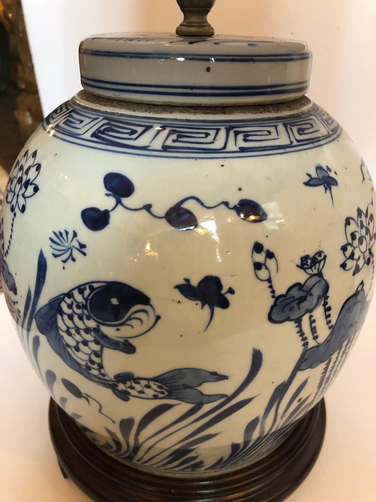 Classic Pair of Blue and White Canton Style Ginger Jar Lamps with Carp ...